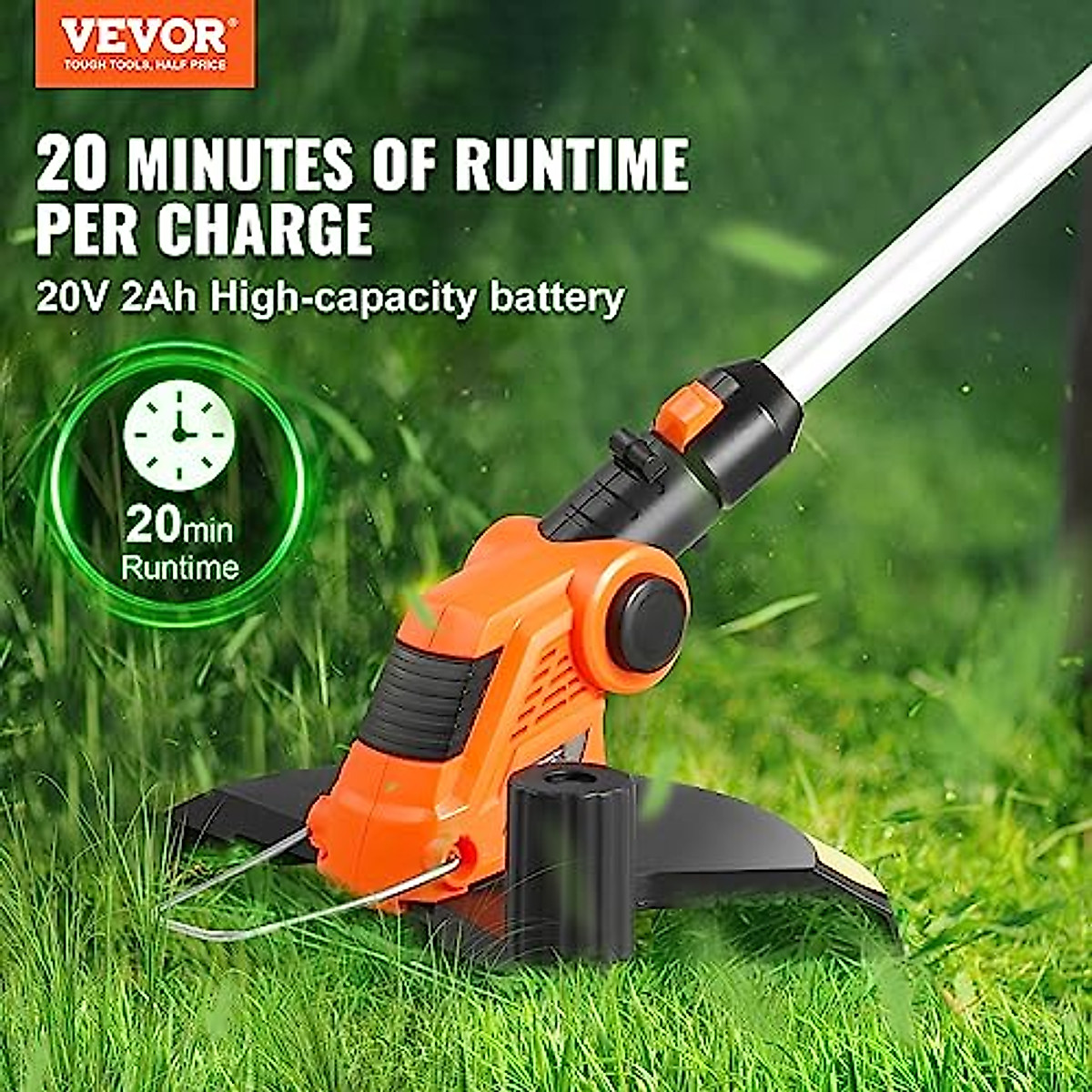 VEVOR Cordless String Trimmer, 12" 20 V Battery Powered Weed Eater with Auto Feed, 3 Spools, Battery and Charger Included, Cordless Weed Wacker for Trimming and Edging, for Lawns, Orchards, Driveways