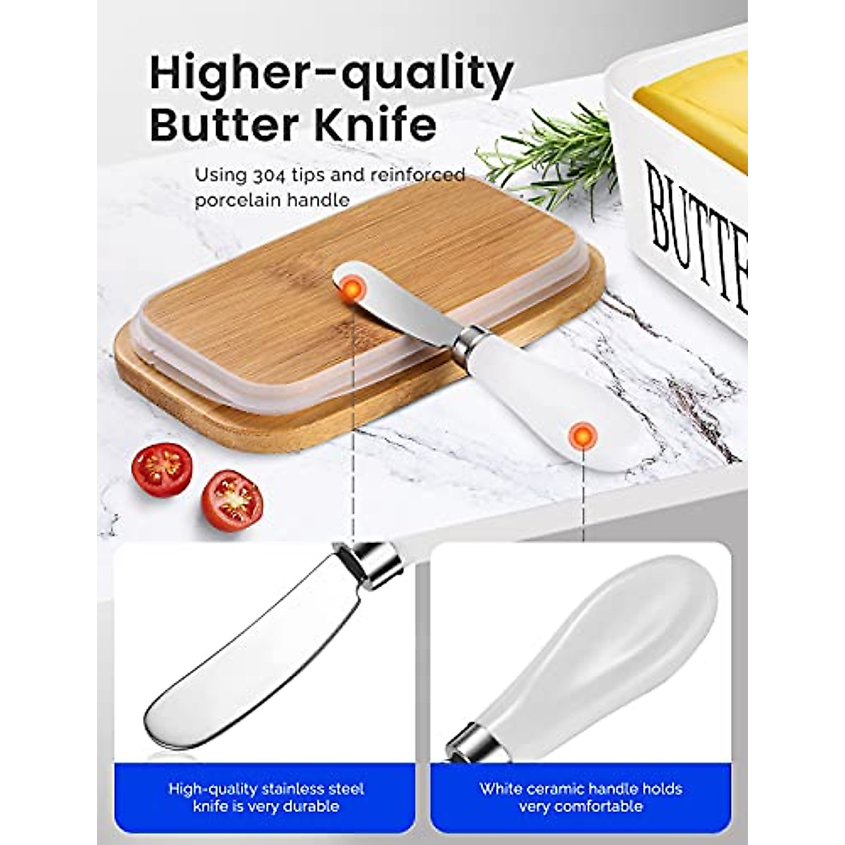 2 Pack Stainless Steel Butter Spreader Knife, Butter Knife with White Porcelain Handle, Cheese Butter Spreader Knives for Kitchen