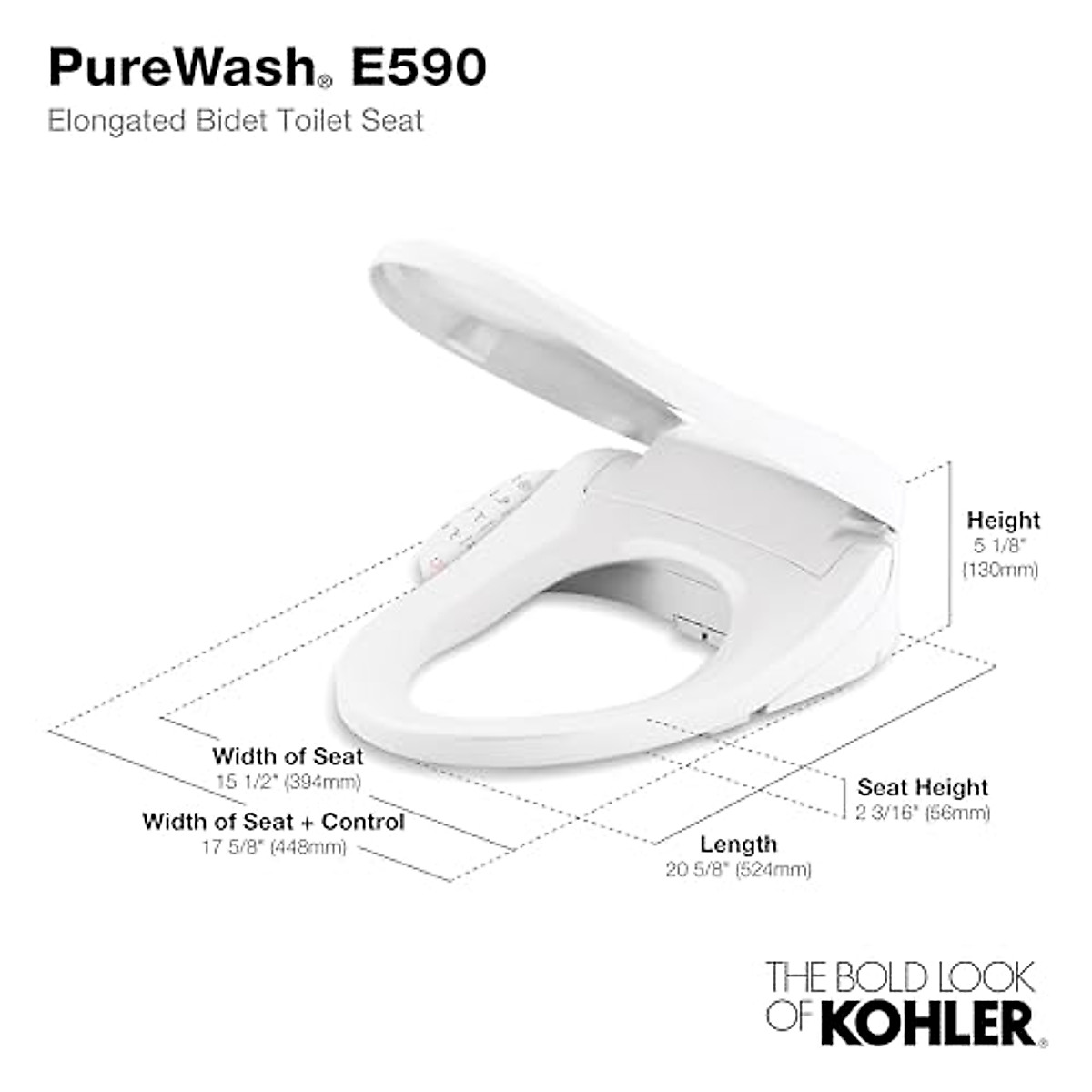 KOHLER 8298-0 PureWash E590 Elongated Bidet Toilet Seat, Heated Bidet, Bidets for Existing Toilets, Nightlight, Self-Cleaning Nozzle, Biscuit