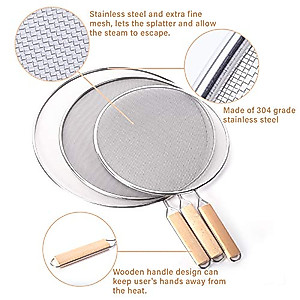 3 Pieces Grease Splatter Screen for Frying Pan, Splatter Guard Mesh Stainless Steel Grease Guard Shield for Kitchen Frying Pan Cooking Supplies Set of 9.8", 11.5" and 13" inch (Wood Handle)