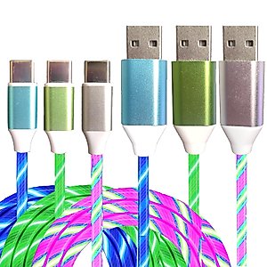 Wuucor 3 Pack Led USB C Charging Cable Light Up Type C Charger LED Light Up Fast USB-C to USB-A Charge Cord Compatible with Samsng Galaxy S23 S22 S21 S10 S9 Plus Note 20 10(6.6FT,Blue Colorful Green)
