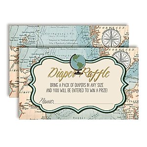 Adventure Awaits World Traveler Gender Neutral Diaper Raffle Tickets for Baby Showers, 20 2" X 3” Double Sided Inserts, Bring a Pack of Diapers to Win Favors & Prizes!