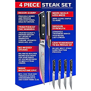 DALSTRONG Steak Knives Set - 5 inch - Shogun Series ELITE - Damascus - Japanese AUS-10V Super Steel - 4 Piece - Razor Sharp Fillet Knives - Table Set - Razor Sharp Kitchen Knife Set - Sheaths Included
