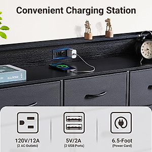 ELYKEN 50”W Black Dresser for Bedroom, Dresser with 12 Drawers and Charging Station, Fabric Chest of Drawers with PU Finish Storage Drawers, Tall Dresser for Entryway Closet Living Room Hallway