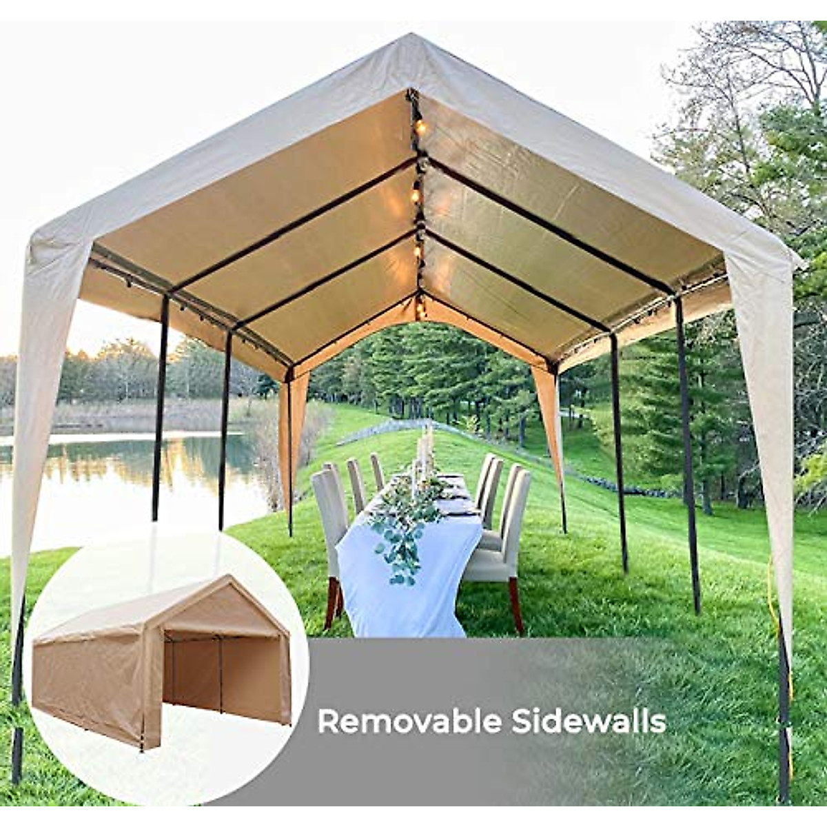 Abba Patio Carport Heavy Duty Carport with Removable Sidewalls & Doors Portable Garage Extra Large Car Canopy for Auto, Boat, Party, Wedding, Market stall, 12 x 20 ft with 8 Legs, Beige