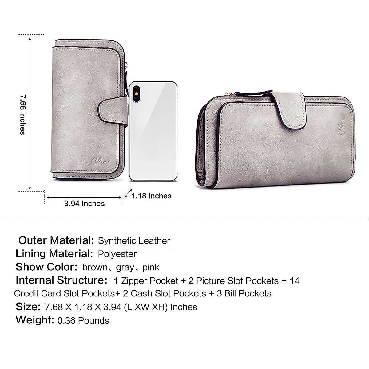 CLUCI Women Wallet Fashion Soft Leather Designer Zip Magnetic Multi Card Holder Organizer Travel Ladies Clutch Trifold Dark Grey