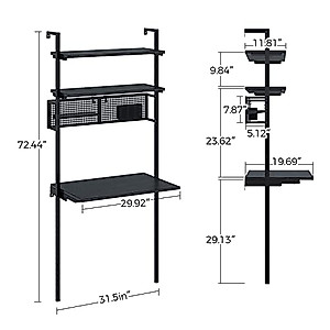 Rolanstar Computer Desk with Shelves, Wall Mounted Desk with Storage Shelf, Industrial Ladder Desk, 3 Tiers Leaning Desk for Small Space, Floating Writing Desk for Home Office, Black