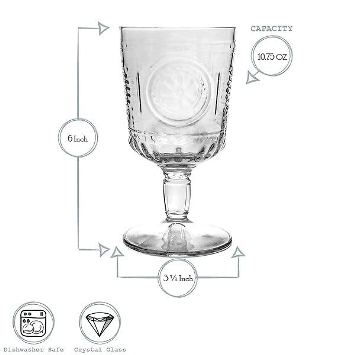 Bormioli Rocco Romantic (Set Of 6) Stemware Glasses, 10.75 Oz. Clear Crystal Glass, Made In Italy.