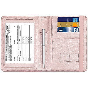 HOTCOOL Passport and Vaccine Card Holder Combo Leather RFID Blocking Wallet with Elastic Strap Travel Cover Case for Passport, with USA CDC Vaccination Card Slot, with Pen, Rose Gold