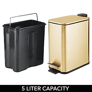 mDesign Slim Metal Rectangle 1.3 Gallon Trash Can with Step Pedal, Easy-Close Lid, Removable Liner - Narrow Wastebasket Garbage Container Bin for Bathroom, Bedroom, Kitchen, Office - Soft Brass