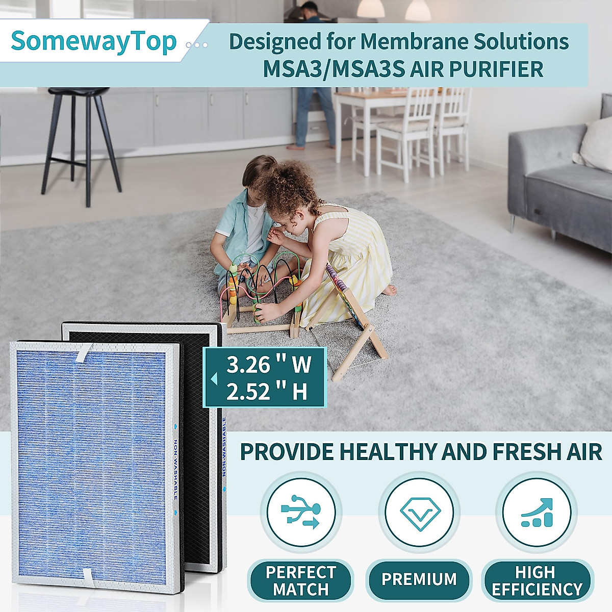 MSA3 Air Purifier Replacement Filter Compatible with Membrane Solutions Filter MSA3, 3-in-1 Filtration H13 True HEPA Filters, Air Cleaner for Home Remove 99.97% Airbon Particles, 2-Pack