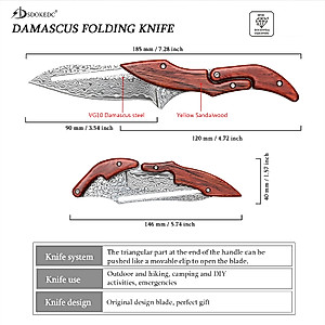 SDOKEDC Damascus Steel Folding Knife Pocket Knife Yellow Sandalwood Handle Mechanical Lock Outdoor Camping Survival (Curved blade)
