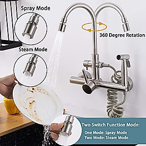 Wall Mount Kitchen Faucet 8 Inch Faucet Brushed Nickeled Faucet for Kitchen, with Spray Gun and 2 Water Jet, Swivel 360° spout Wall Faucet, Wall mounting Kitchen Faucet