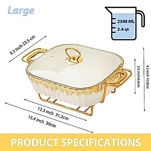 Rectangular Porcelain Casserole Warming Trays for Food, Ceramics Chafers, and Buffet Warmers Sets, Gold Plating Serving Dishes (Large 2.4 quarts)