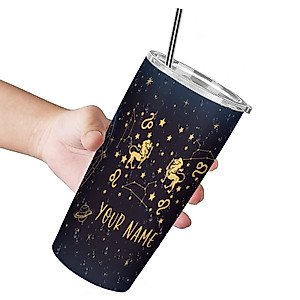 BEOIIBIRD Custom Leo Zodiac Tumbler Gifts, 20oz Glaze Stainless Steel with Lid and Straw Personalized with Text Bottles Insulated Coffee Mug, Beverage Cup for Teen Women Men Office Car Travel
