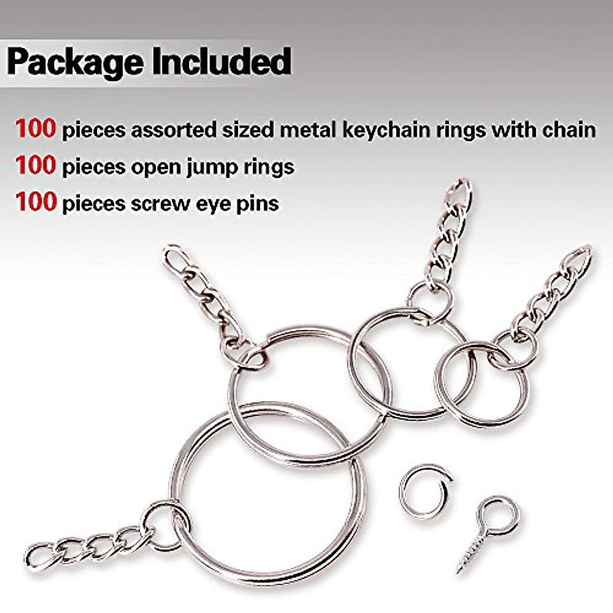 Swpeet 300Pcs Key Chain Rings Kit, 100Pcs Keychain Rings with Chain and 100Pcs Jump Ring with 100Pcs Screw Eye Pins Bulk for Jewelry Findings Making - 3/5 Inch, 4/5 Inch, 1 Inch, 6/5 Inch (Sliver)