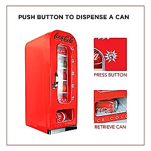 Coca-Cola Retro Vending Machine Style 10 Can Mini Fridge with Display Window, AC/DC Portable Beverage Cooler for Soft Drink Cans, Includes 12V and AC Cords, for Home Office Dorm Cottage, Red