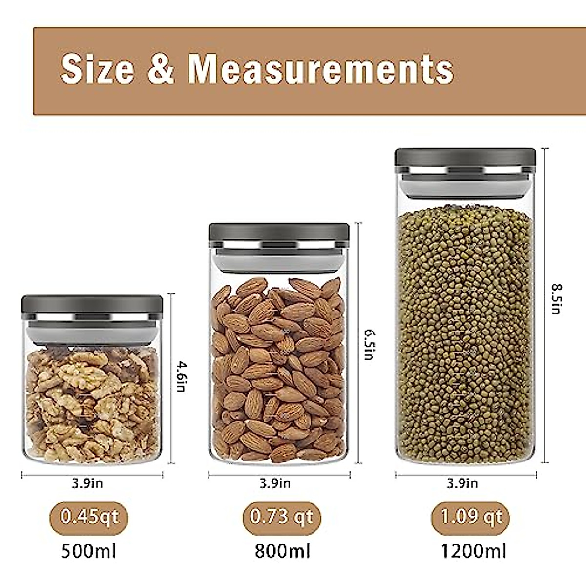 TrendPlain Air Tight Containers for Food - Pop Up High - Grade Borosilicate Glass Container with Stackable Lids - Storage Containers for Pantry, Cereal, Coffee, Rice, Flour 27 Oz / 800 ML, Grey