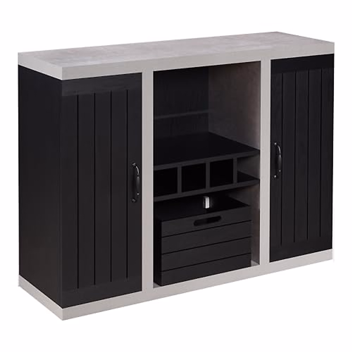 HOMES: Inside + Out FGI-1777C1 Cato Industrial Two-Tone Buffet with Open Shelf, Wine Bottle Holder, Slatted Drawer and Cabinets, Black and Cement