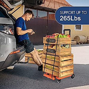 SPACEKEEPER Foldable Hand Truck Dolly, 265 LB Folding Luggage Cart with Wheels, Portable Flatbed Cart Collapsible Hand Truck for Luggage, Travel, Moving, Shopping, Office Use, Orange