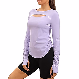 Aurgelmir Women's Casual Crewneck Workout Shirts Long Sleeve Cutout Solid Athletic Running Yoga Tops with Thumb Holes Purple