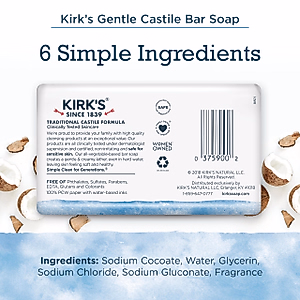 Kirk's Castile Bar Soap for Men, Women & Children - Made with Premium Coconut Oil, Sensitive Skin Formula, Vegan, Non GMO, Original Fresh Scent, 4 oz. Bars, 24 Pack