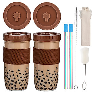 HEFBCOMK 2 Pack Reusable Boba Cup, 24Oz Wide Mouth Smoothie Cups,Bubble Tea Cup with Lid and Straws, Iced CoffeeCups, Leakproof Mason Jars Glass Cups, Travel Drinking Bottle (Coffee)