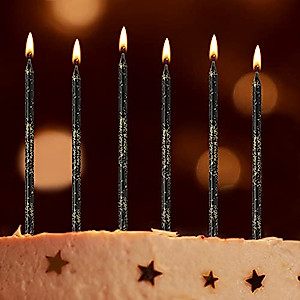 24 Pieces Birthday Cake Candles Long Thin Cupcake Candles Metallic Cake Toppers Candles for Birthday Wedding Anniversary Graduation Retirement Party Decoration (Black Gold)