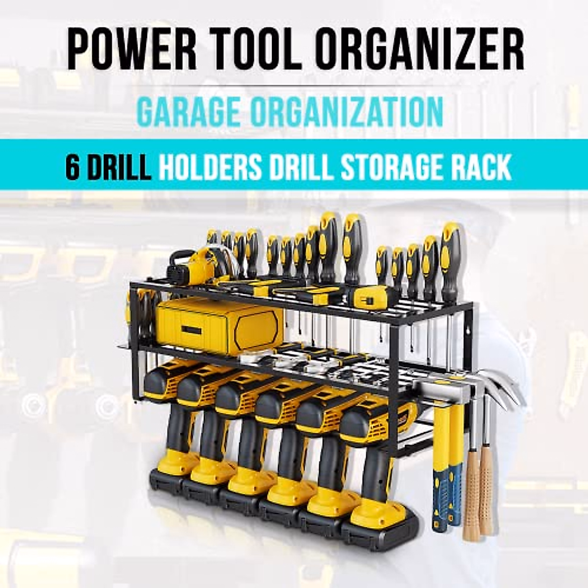 JMLUX Power Tool Organizer with 6 Drills Holder | Wall Mounted 3 Layer Tool Box Organizer | Heavy-Duty Metal Tool Holder Rack for Workshop and Garage| Perfect for Drill and Metal Tools Storage