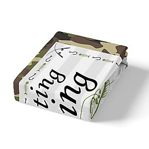 Hunting and Fishing Bed Sheet Set Full Size Pike Fish Fitted Sheet for Kids Adults Teens Boys Men Fisherman Fishhook Bedding Set Camo American Flag Bedding Sheets Bedroom Decor with 2 Pillow Case