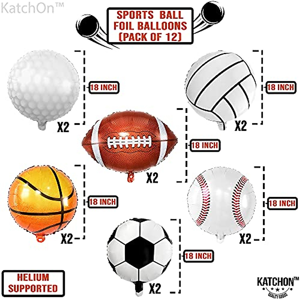 Big 12 Pieces, Mylar Sports Balloons - 18 Inch | Sports Themed Birthday Party Supplies | Soccer Baseball Golf Football Basketball Balloons | Sports Balloon Arch for Sports Birthday Party Decorations
