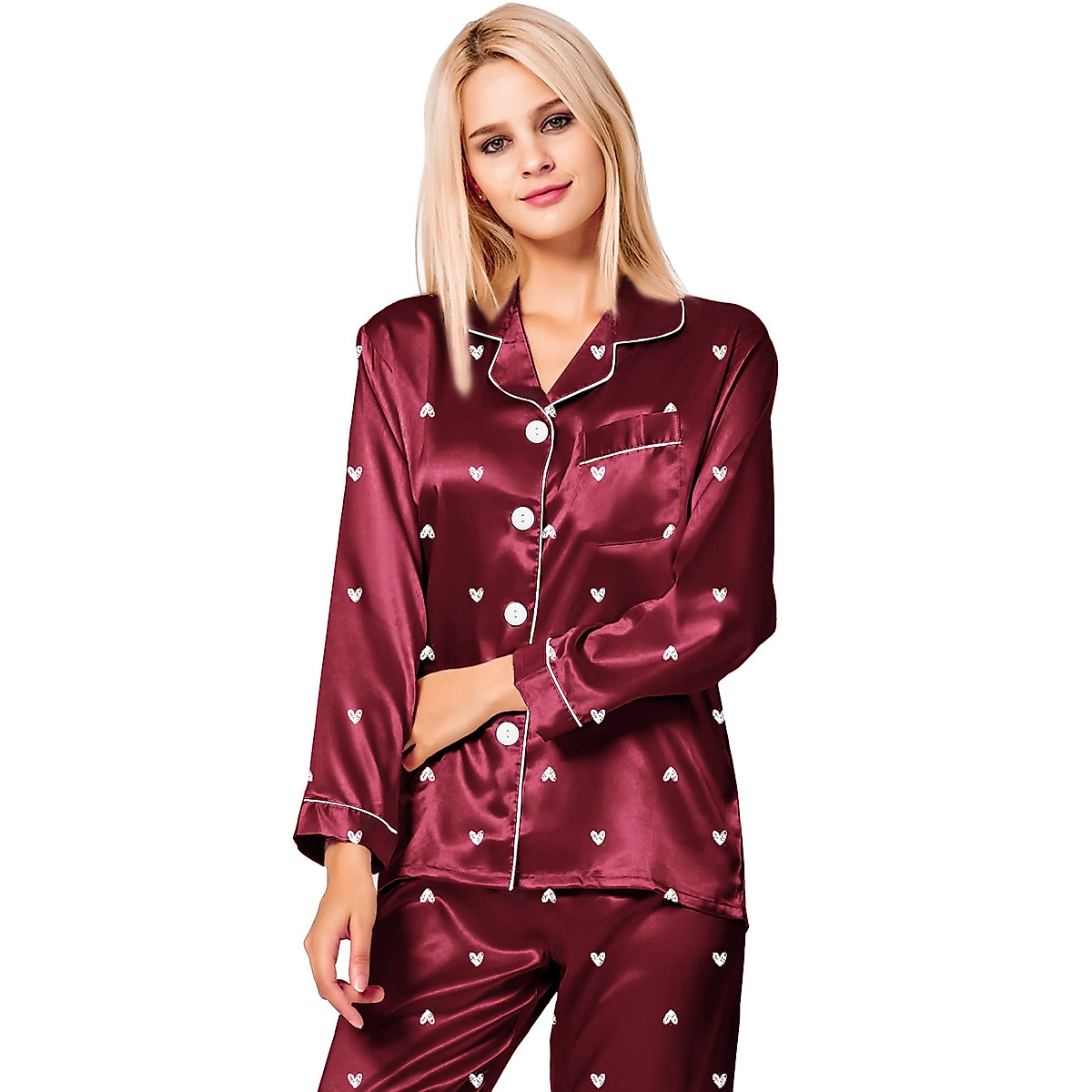 SWOMOG Womens Silk Satin Pajamas Long Sleeve Loungewear Two-Piece Sleepwear Button-Down Pj Set