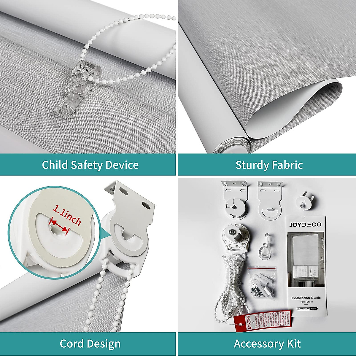 Joydeco 100% Blackout Roller Shade, Window Blind with Thermal Insulated, UV Protection Fabric, Total Blackout Roller Blind for Office and Home, Easy to Install, Light Grey,34" W x 75" H