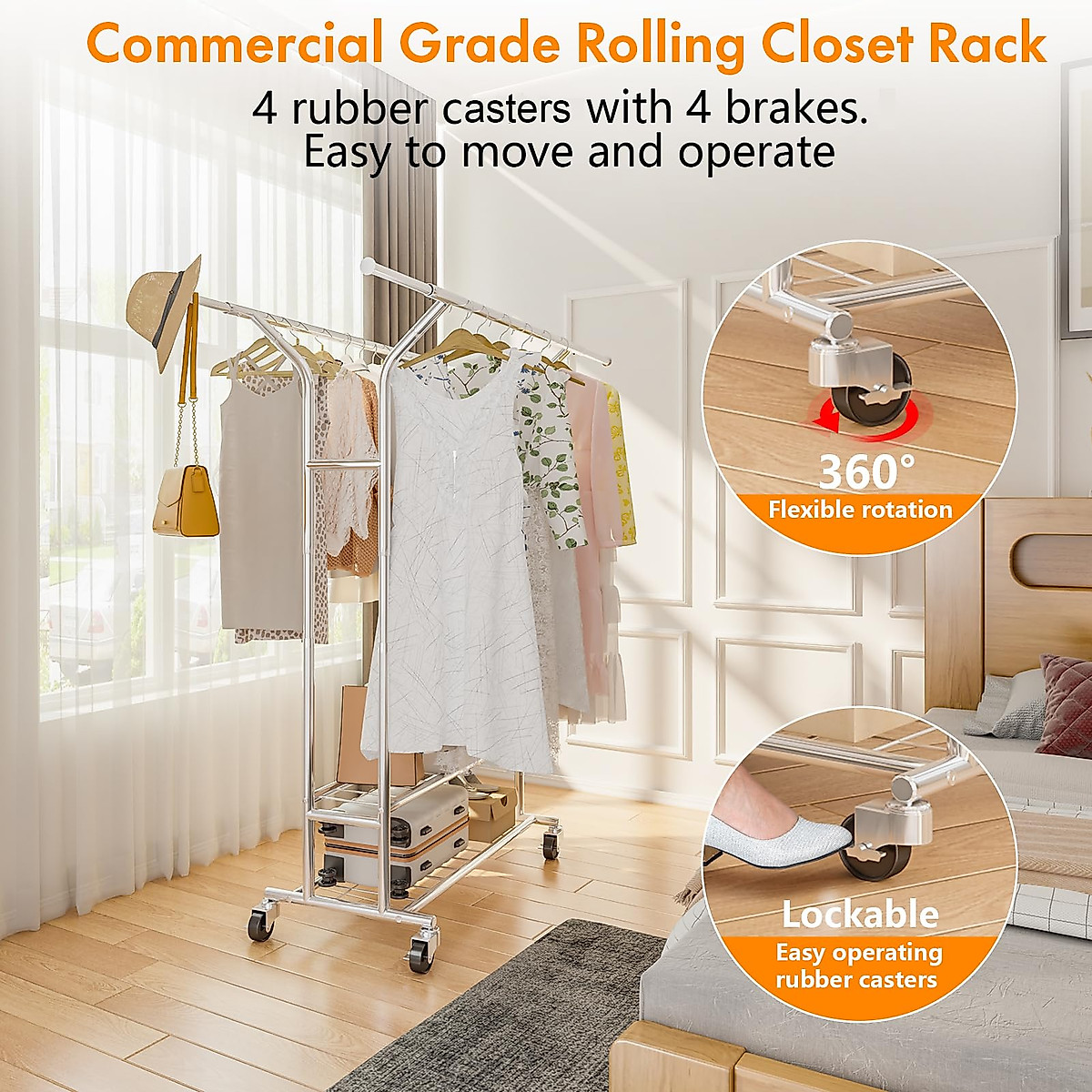 Heavy Duty Clothing Racks For Hanging Clothes, 600lbs Load Capacity Rolling Clothing Rack with Wheels, Double Rail Clothing Garment Racks, Adjustable Rack for Clothes