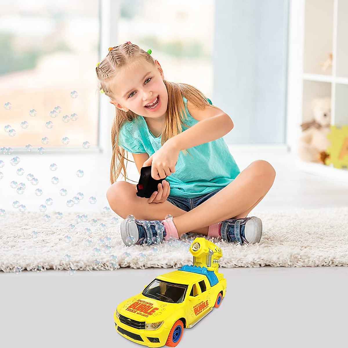 ArtCreativity Remote Control Bubble Pickup Truck with Lights, Includes Rechargeable Bubble Blowing Car, Controller, Bubble Solution, Mini Funnel & Charging Cable, Indoor & Outdoor Bubble Toy for Kids