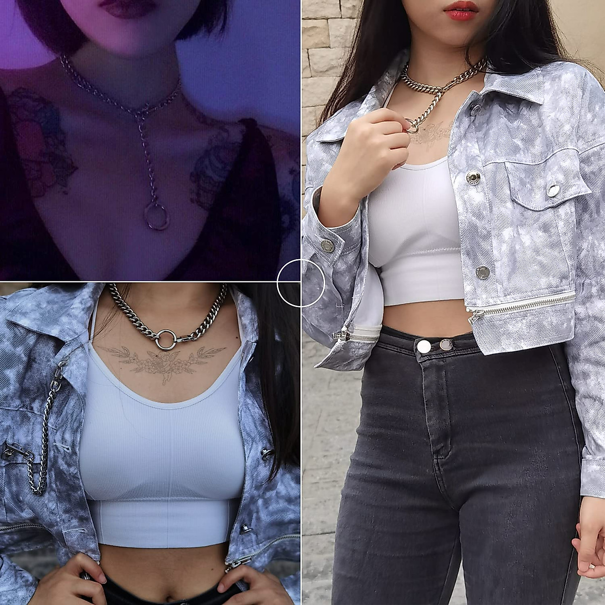 Jxlepe Womens Choker Chain Cuban Link Adjustable with O Ring Belt tail 0.4inch wide Goth Punk Rock Stainless Steel Gift for her Sexy Pendant Xxxt. outstanding Kiwi Necklace (White, 18)