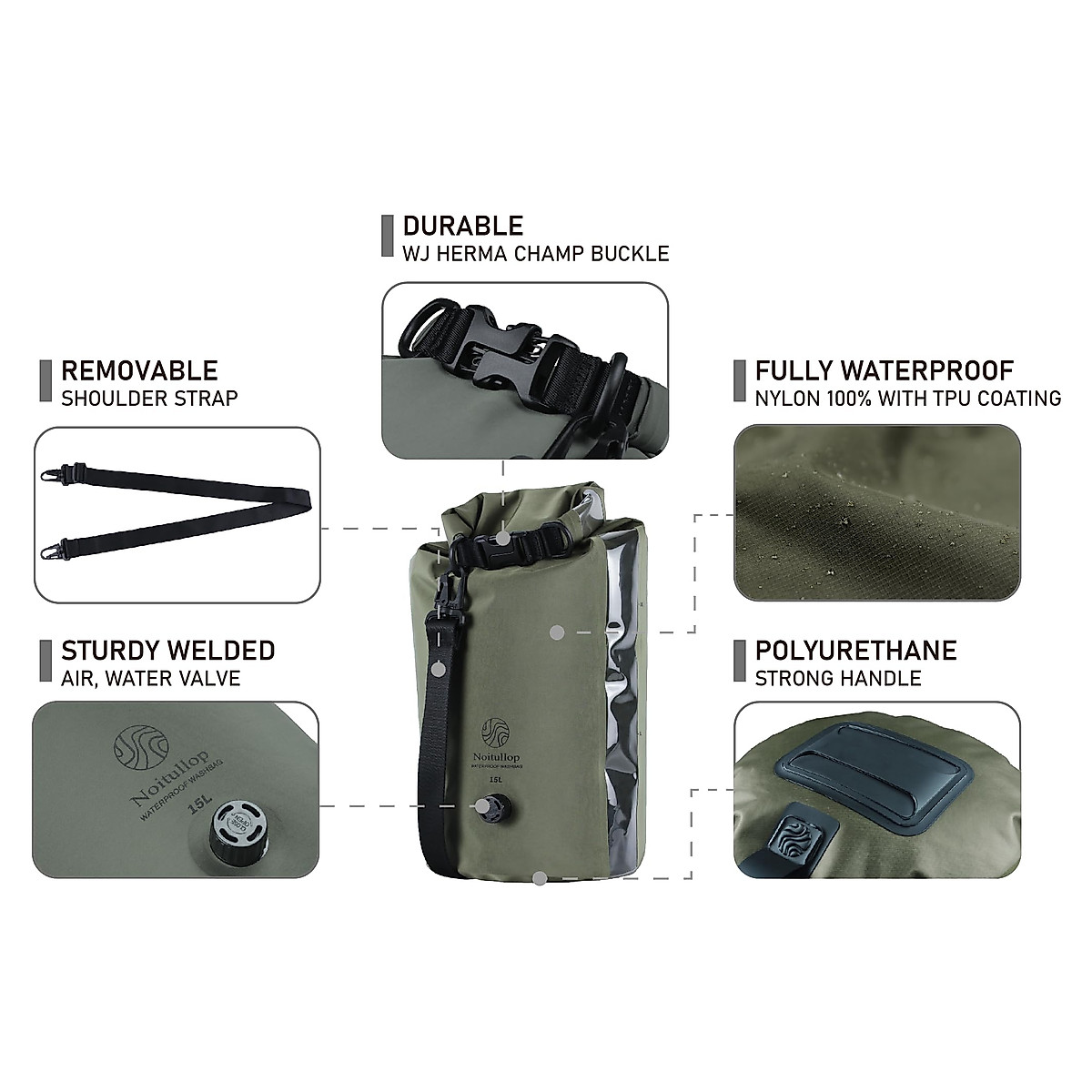 Noitullop Washbag Portable Washing Machine - 15L Fully Waterproof Dry Bag - Lightweight Compact Nylon Washing Machine - Portable Manual Clothes Washer Laundry Bag (Olive)