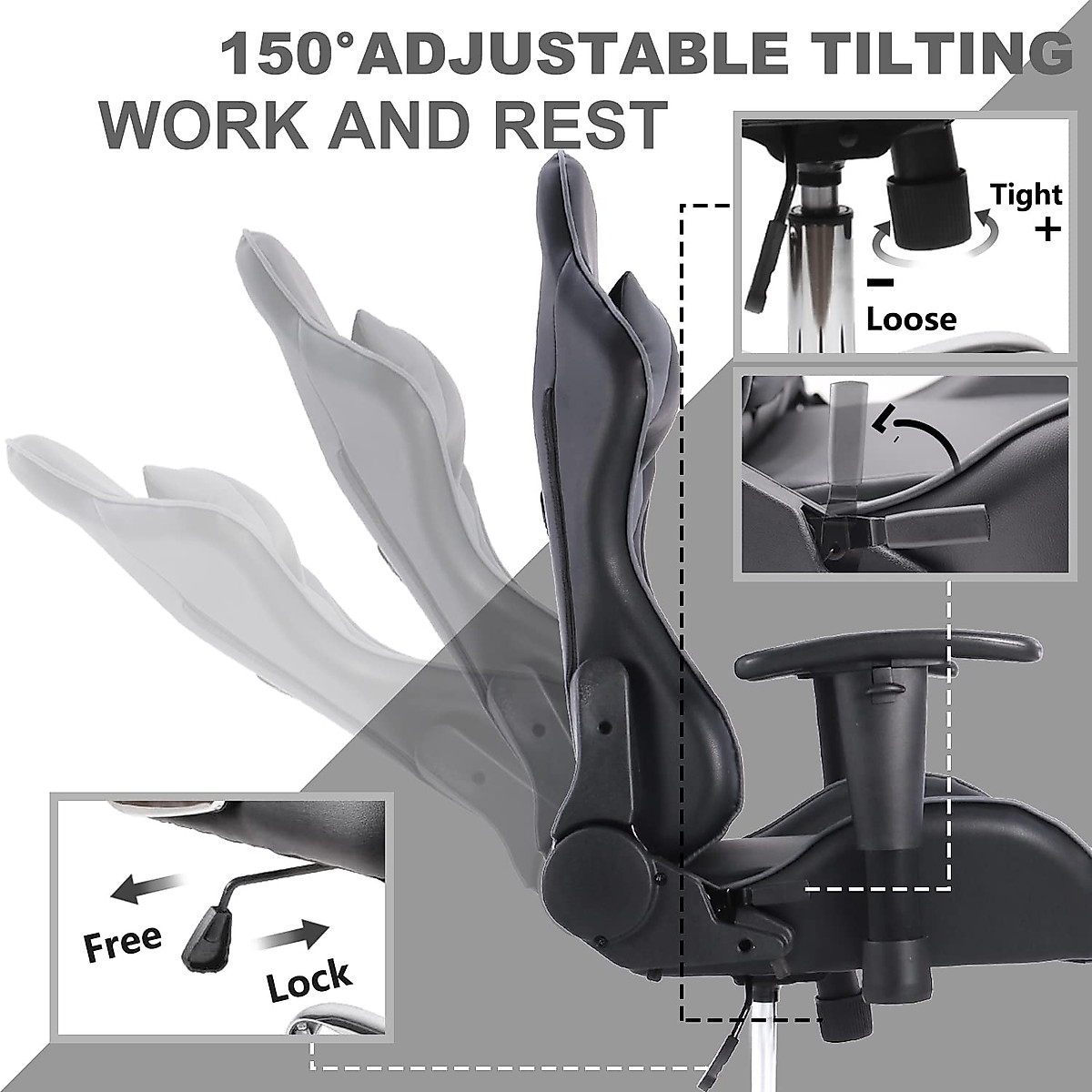 Office Chair, Ergonomic Reclining Computer Gaming Chair PU Leather Comfortable Swivel Task Home Office Desk Chair High Back with Adjustable Armrests, Black/Grey