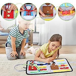 Busy Board for Toddlers 1-6, Montessori Sensory Toy for Develop Basic Skills, Dress and Alphabet Spell Cognition Latch Buckle Learning Games, Great Airplane and Carseat Travel Gift for Boys and Girls
