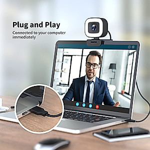 60FPS Webcam with Ring Light, Auto-Focus 1080P Web Camera with Dual Microphone and Privacy Cover，Streaming Webcam for YouTube, Skype, Zoom, Twitch, OBS, Xsplit and Video Calling