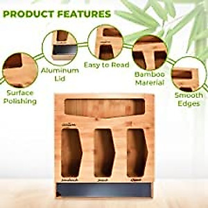 JMJ Ziplock Storage Bag Organizer for Kitchen Drawer, Pantry, Countertop. Bamboo Dispenser Fits Gallon, Sandwich, Quart, Snack. Fits 12" Foil or Plastic Wrap Roll