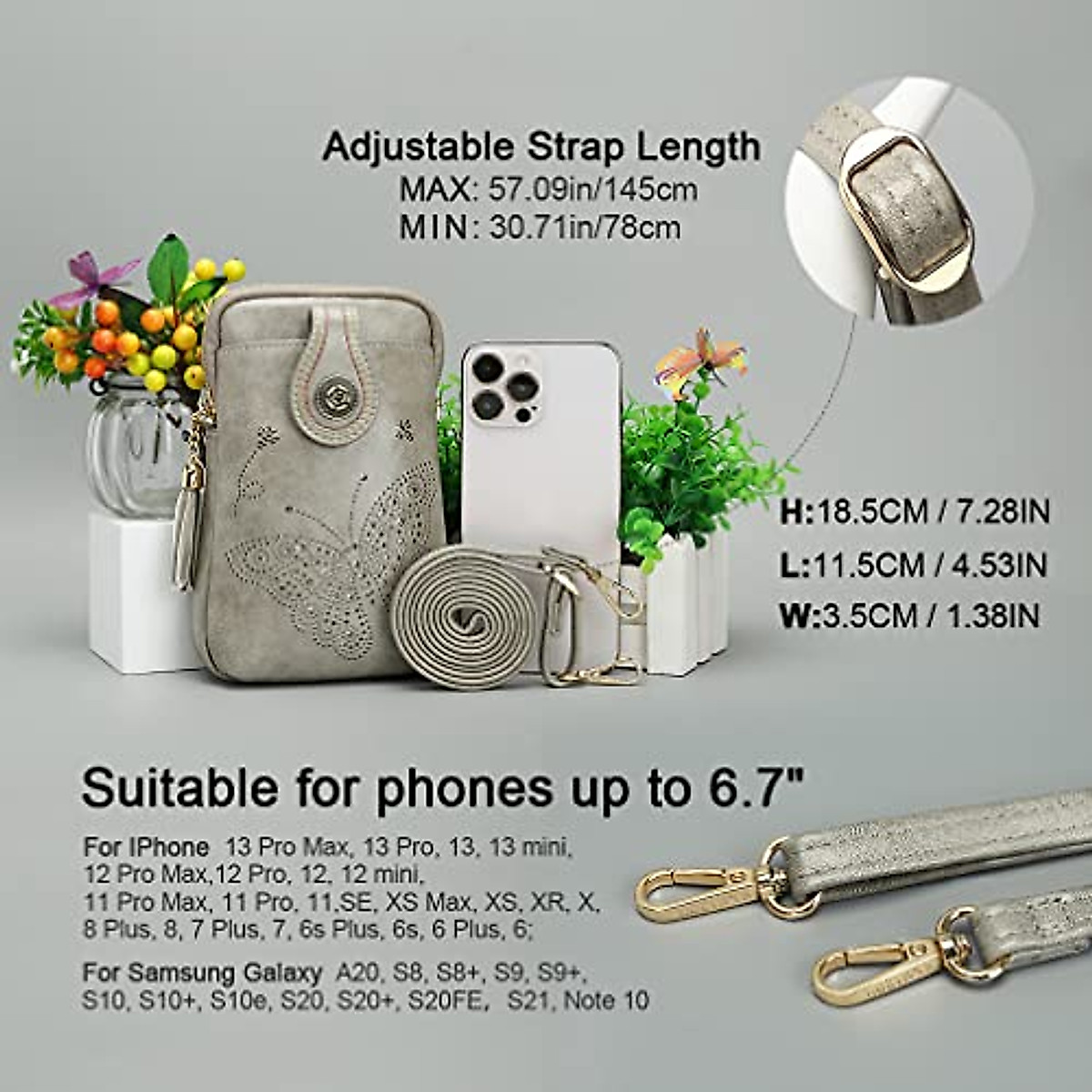 APHISON Small Crossbody Bags for Women, Lightweight Mini Cute Cell Phone Purse for Girls with Tassel and Shining Butterfly GRAY