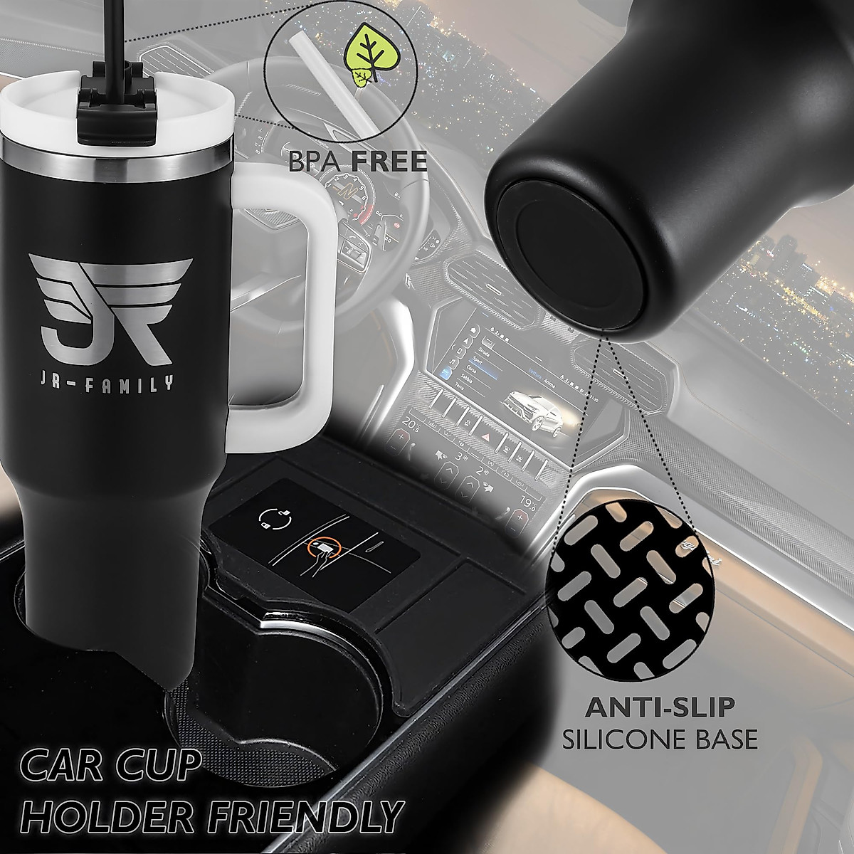 JR-FAMILY 40oz Spill Proof Tumbler with Lid Straw and Handle, Stainless Steel Insulated Travel Coffee Mug, Cup Holder Friendly, Easy Clean, Gifts for Women Men - Black