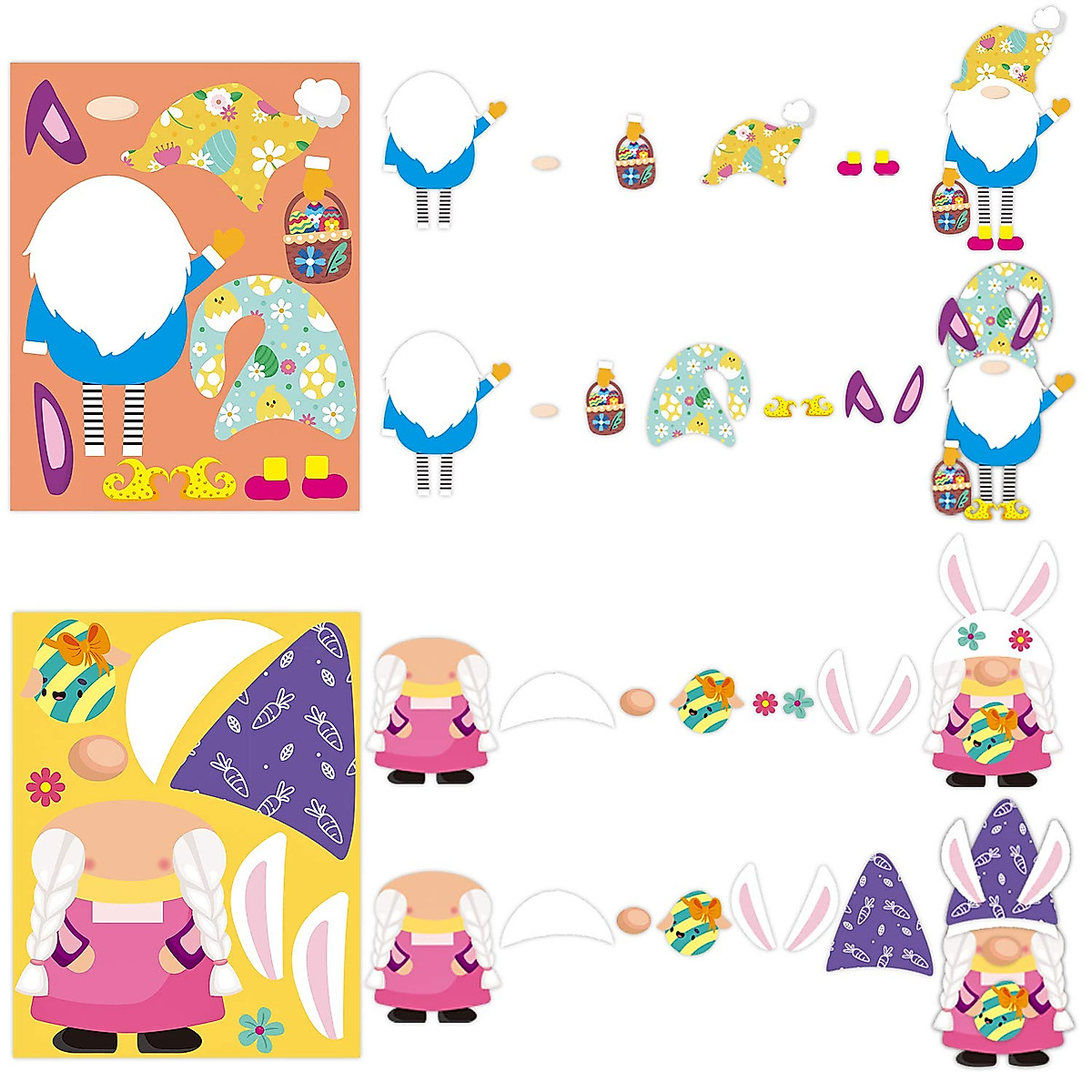 MALLMALL6 36Pcs Make a Easter Bunny Gnome Sticker Game DIY Art Crafts Your Own 6 Kinds Cartoon Characters Stickers Mixed and Matched Games Decorations Party Favors Birthday School Supplies for Kids