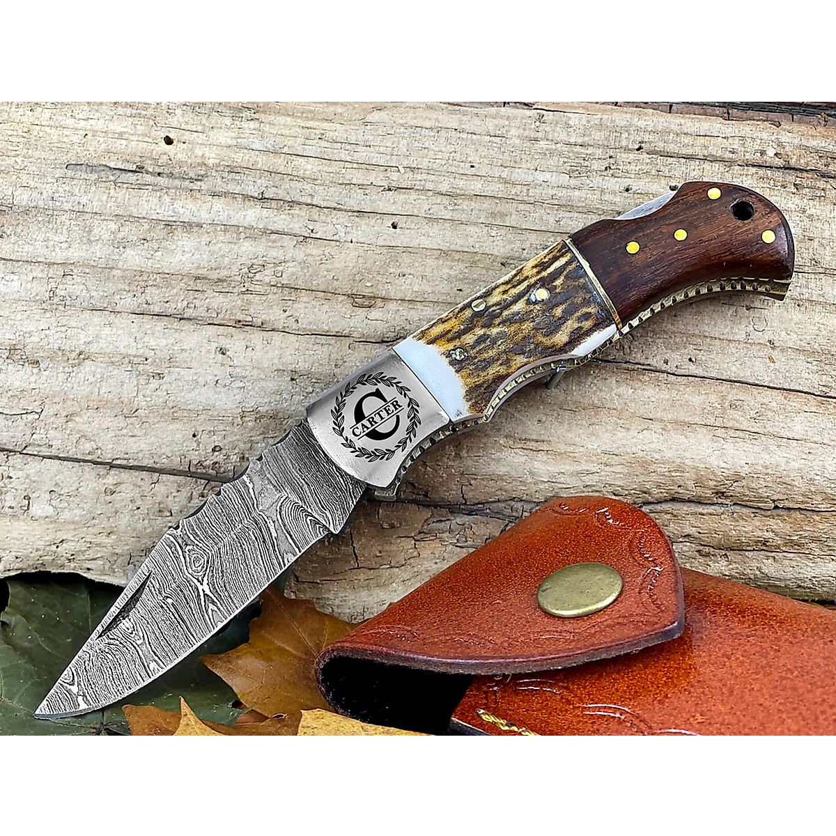 WINTERFELL Personalized Damascus Steel Pocket Folding Knife Stag Antler Handle 6.5", Customized Gift for Husband Dad, Custom Groomsmen Gifts, Best Man Gifts for Wedding