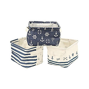 Orino Waterproof Nursery Nautical Fabric Small Storage Baskets Beach Anchor Theme Collapsible Portable Storage Bins with Handle for Cloth, Toys, Books, Sundries, Set of 3