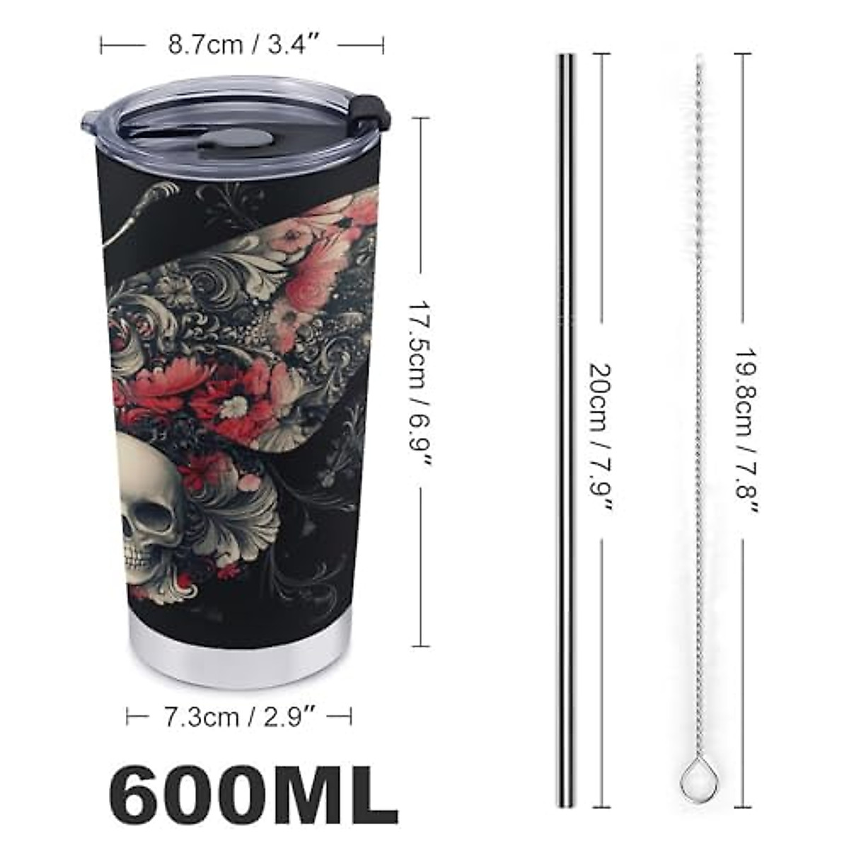 zxxpensy 20 Oz Tumbler Travel Cup Butterfly with Skull on Wings Water Bottle, Stainless Steel Vacuum Insulated Coffee Mug with Straw Lid And Cleaning Brush