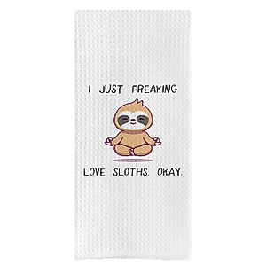 DOTAIN Funny Sayings i Just Freaking Love Sloths Okay Waffle Weave Dish Towel Cloth Decor,Funny Yoga Sloth Animal Themed Washable Dishcloth for Kitchen Bathroom Washing Drying Cleaning(24x16inch)
