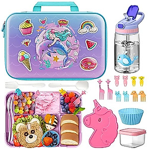 Lunch Bag Bento Lunch Box Set for Girls - Insulated Lunch Bag with 5 Compartment Bento Box Water Bottle Ice Pack Silicon Cap Salad Container for Kids Back to School, Picnic and Travel