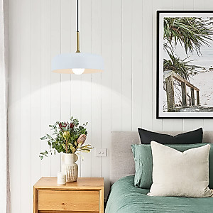 BISAMIYA 1-Light Modern Pendant Lights, Brass Accent Hanging Light Fixture with 12.6" Matte White Metal Shade, Adjustable Height, for Kitchen Island, Dining Room, Hotel, Coffee Shop